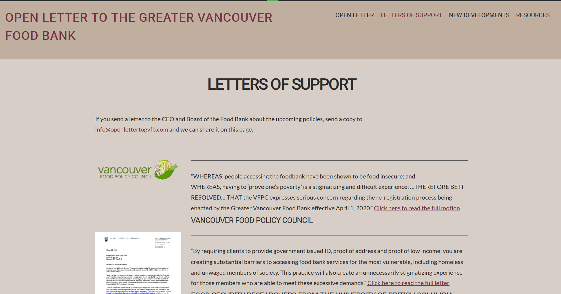 Letters of Support – Open Letter to the Greater Vancouver Food Bank